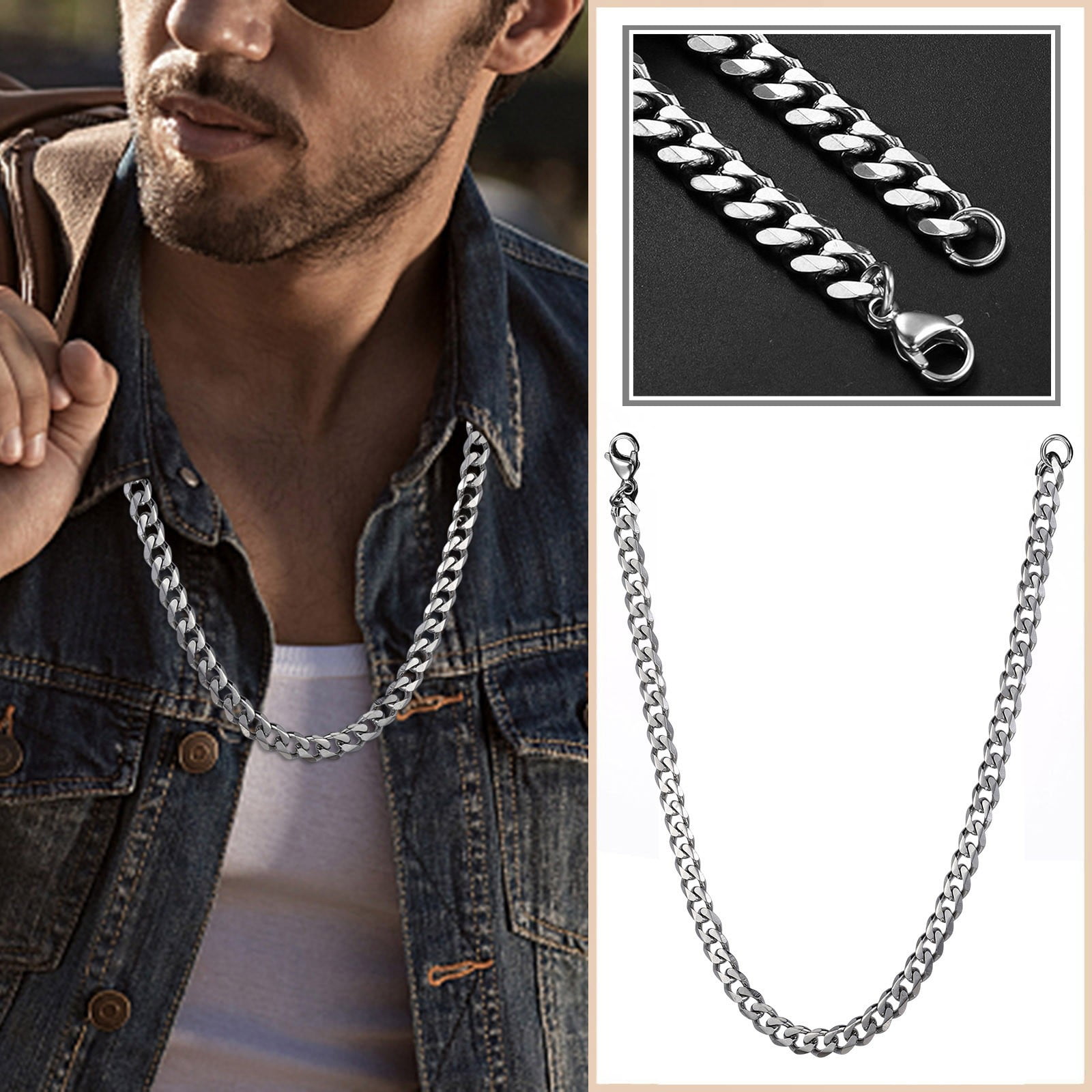 Click here for Haljen Silver Titanium Steel Chain Cuban Curb Neck... prices