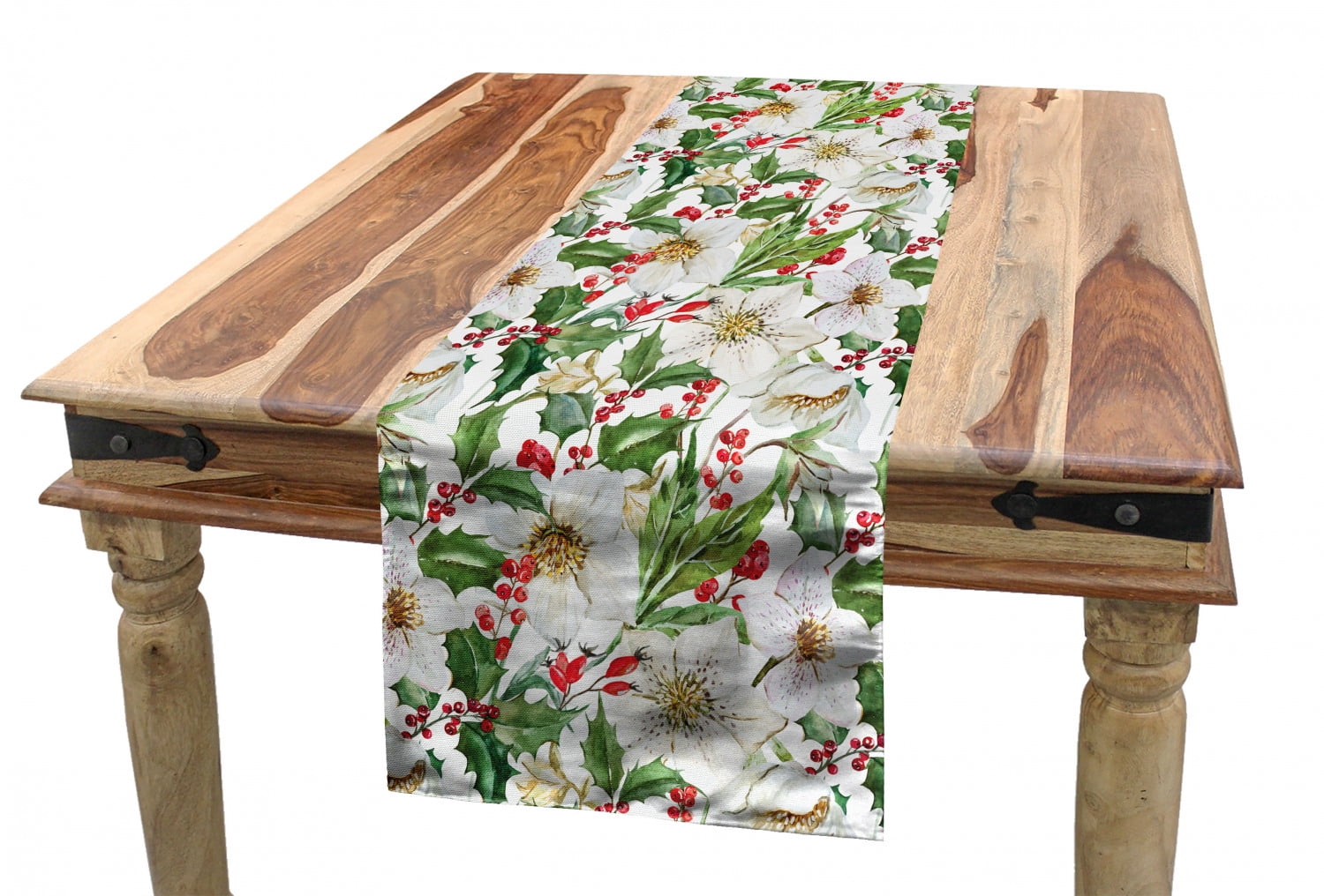 Watercolor Table Runner, Christmas Themed Floral Poinsettia Winter ...