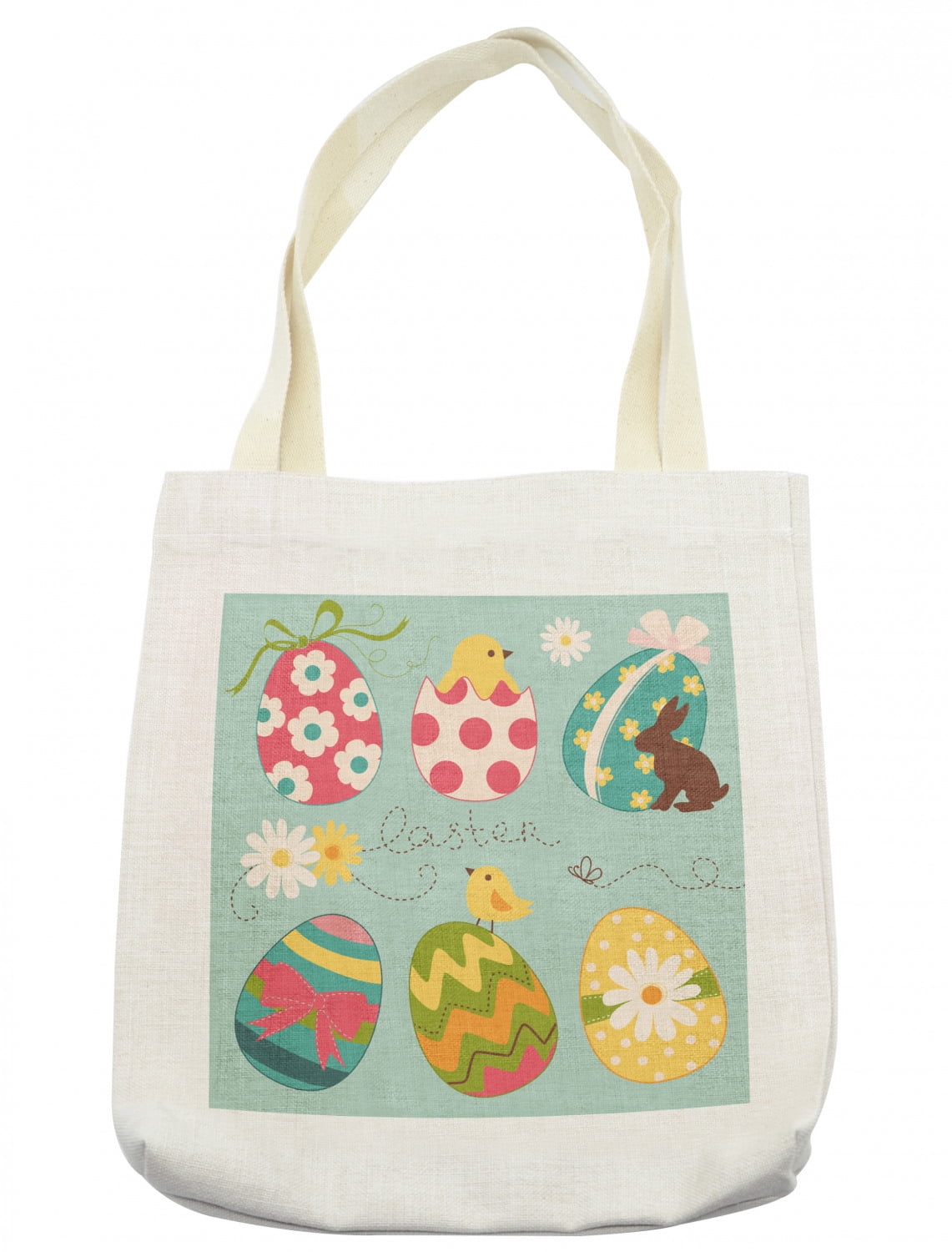 Easter Tote Bag, Easter Eggs with Flowers Zigzags Lines and Polka Dots ...