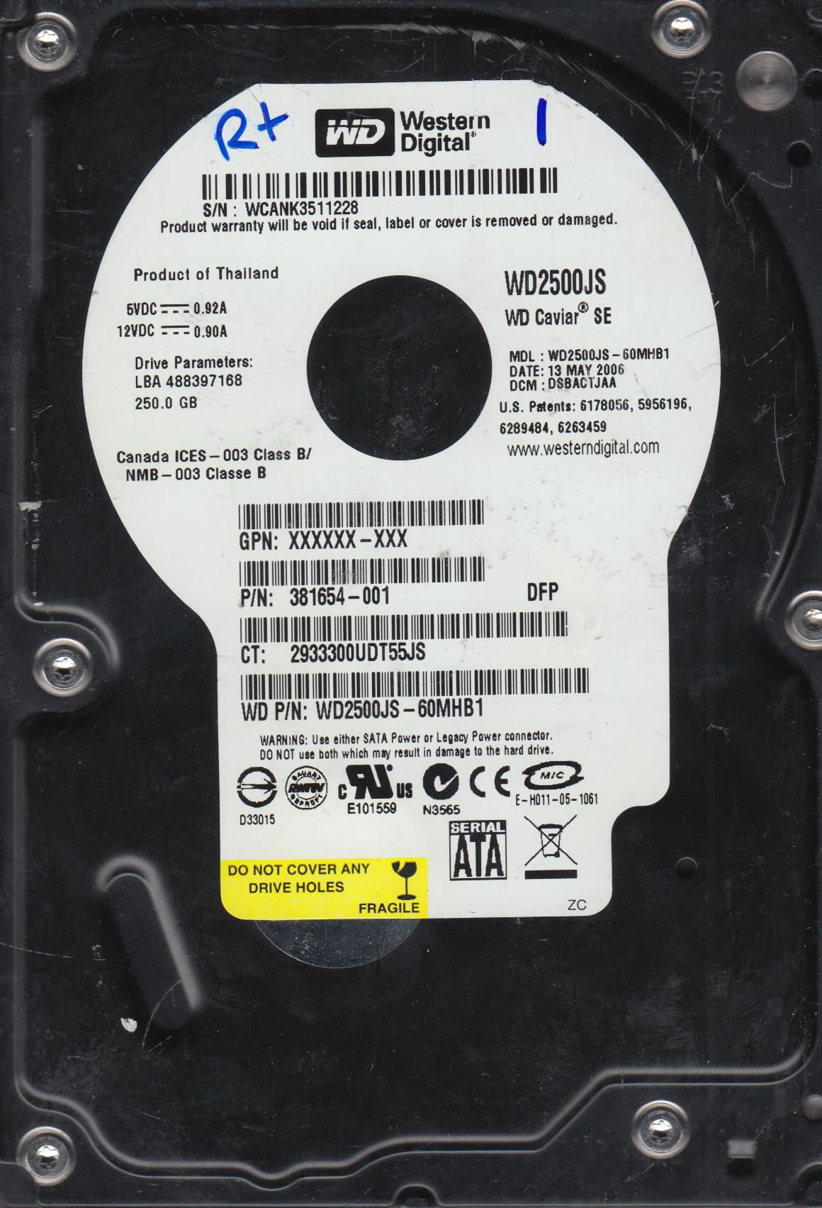 WD2500JS-60MHB1, DCM DSBACTJAA, Western Digital 250GB SATA 3.5 Hard ...