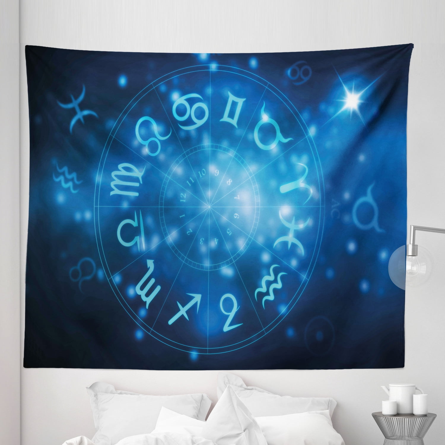 Astrology Tapestry, Abstract Horoscope Wheel with Signs Aquarius Lion ...