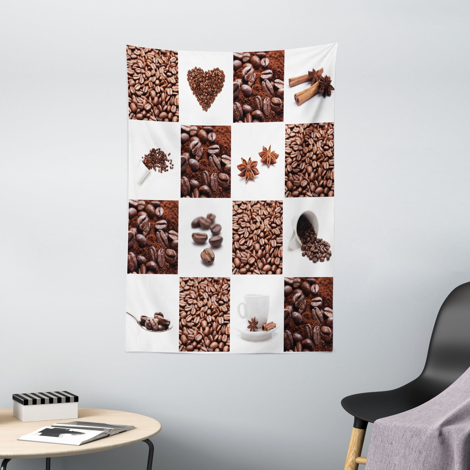 Kitchen Tapestry, Coffee with Roasted Beans Concept Collage Hearts ...