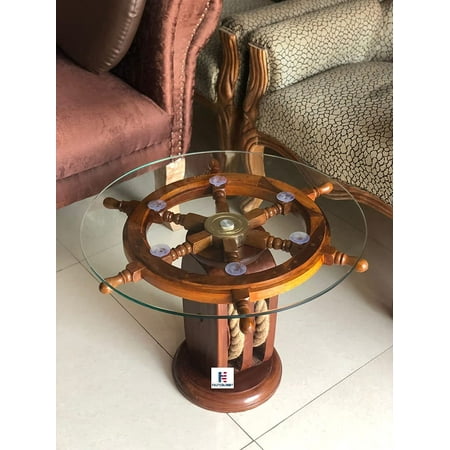 Nautical Marine Ship Wheel Table W/Wooden Base Home Office Furniture ...
