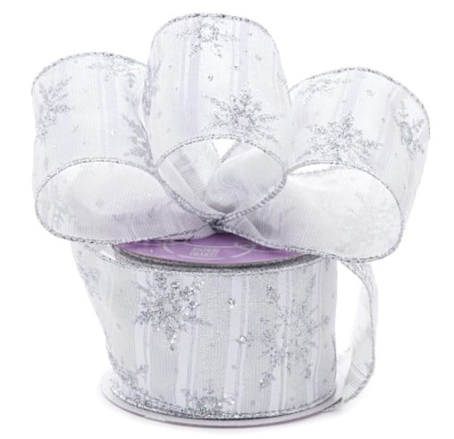White Silver Snowflake Christmas Ribbon - 2 1/2" x 10 Yards, Wired ...