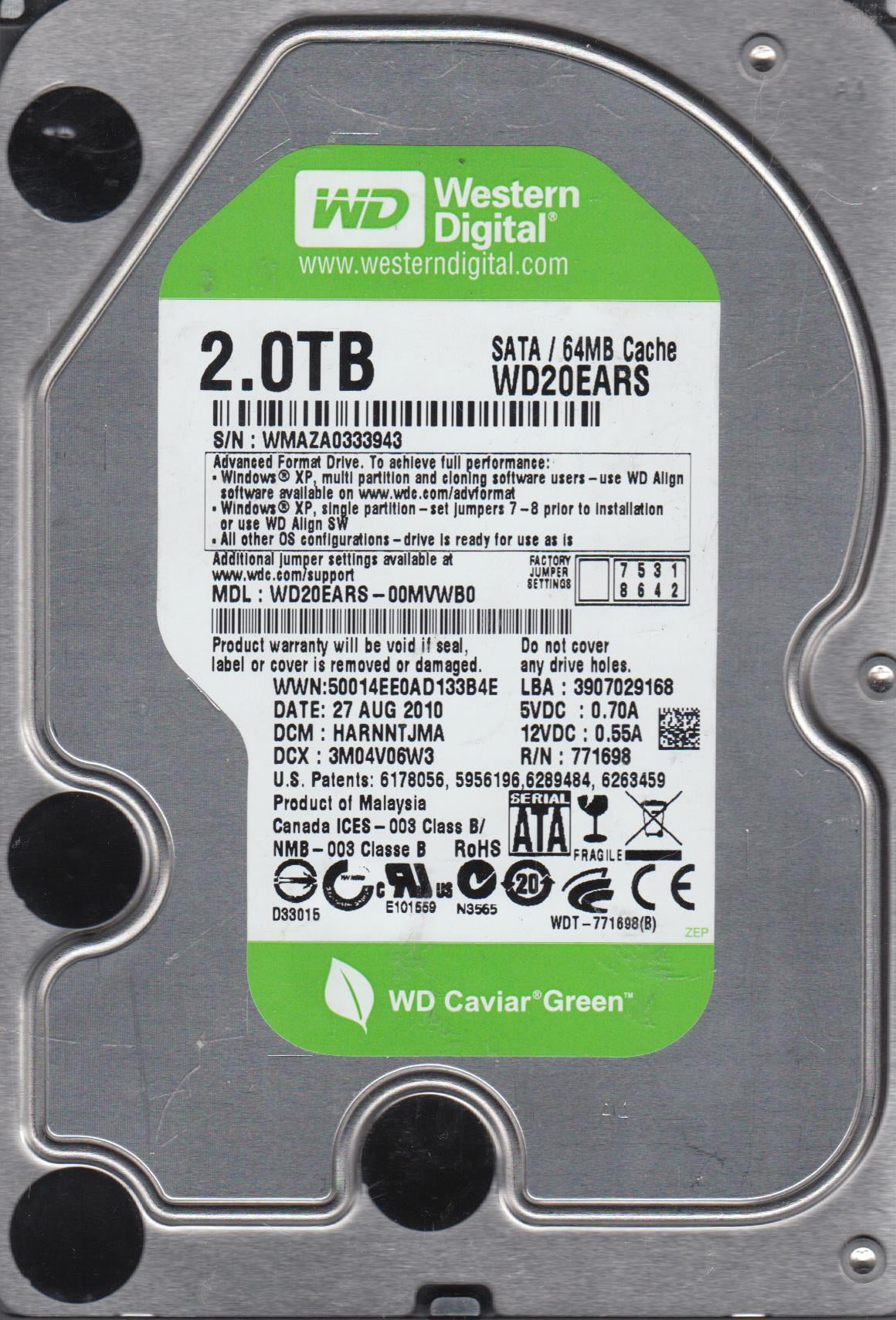WD20EARS-00MVWB0, DCM HARNNTJMA, Western Digital 2TB SATA 3.5 Hard ...