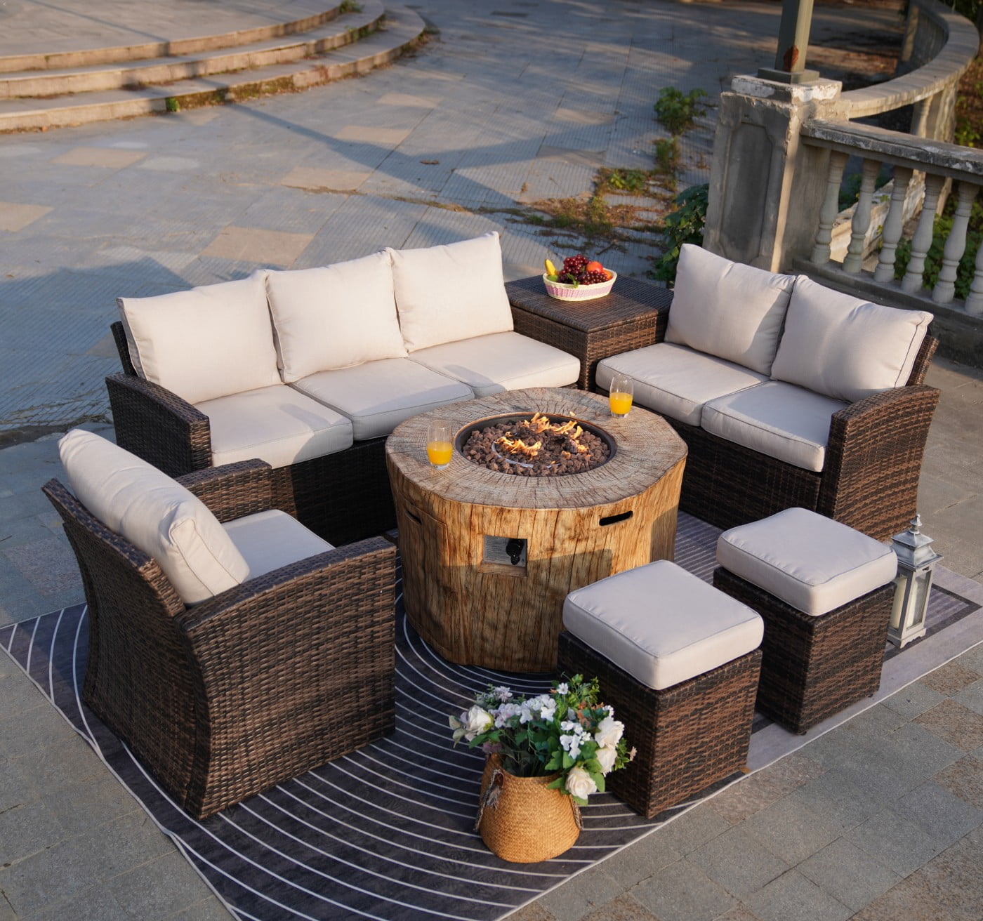 Direct Wicker 7-Piece Patio Brown Wicker Conversation Sofa Set with 40 ...