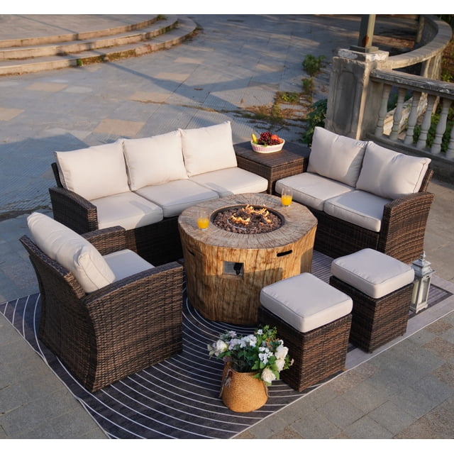 Direct Wicker 7 Piece Patio Brown Wicker Conversation Sofa Set With 40 Fire Pit Table Walmart