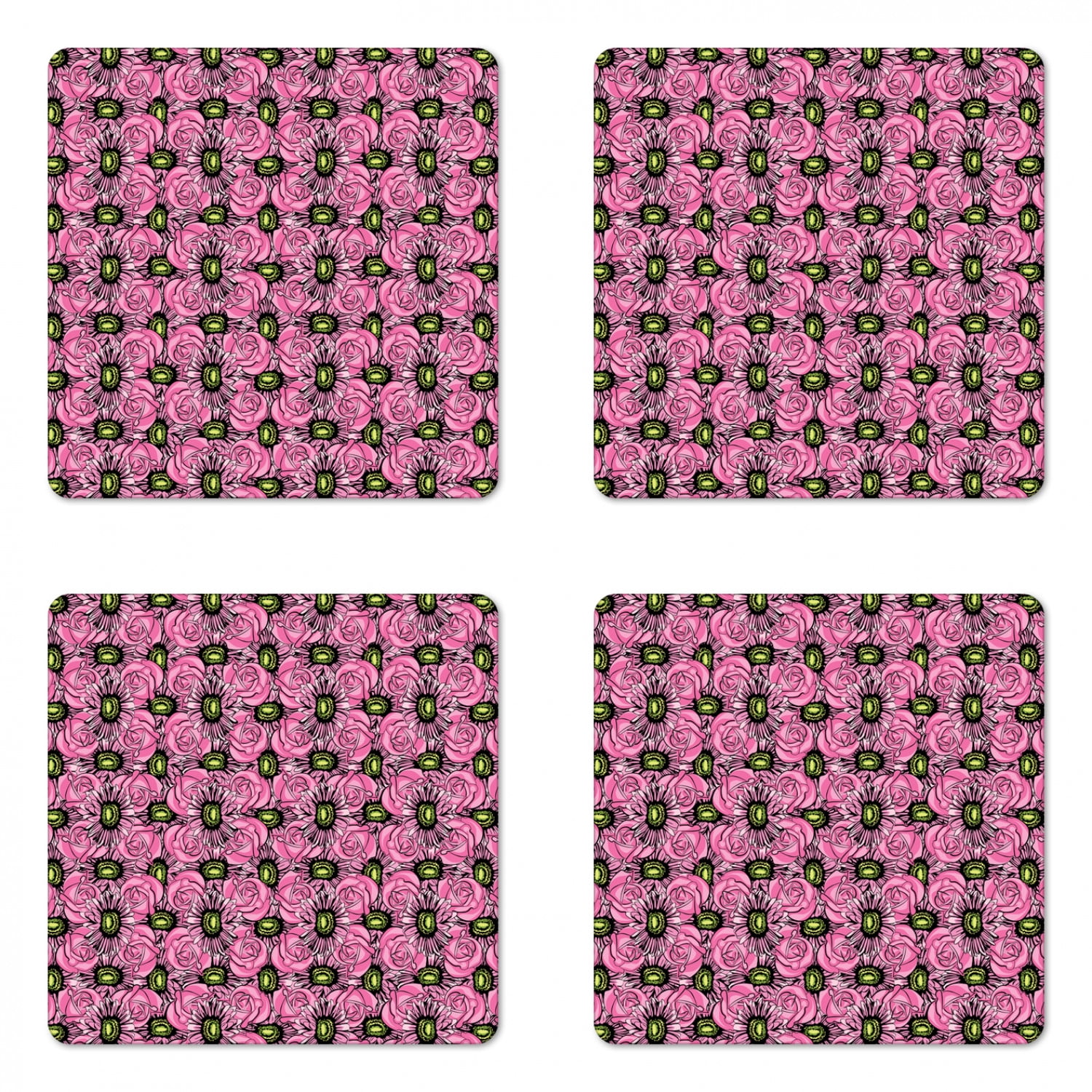 Garden Art Coaster Set of 4, Roses and Gerbera Flowers Pattern ...