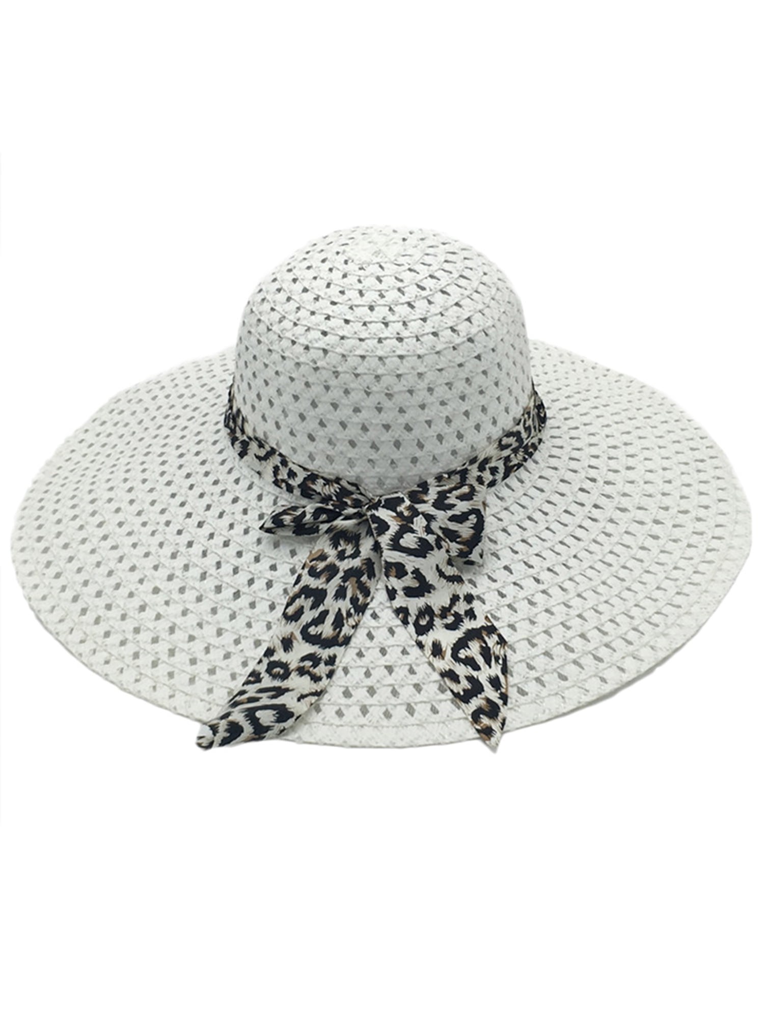 Womens Summer Beach Panama Straw Hat Wide Brim Leopard Bow Floppy Straw ...