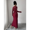 Burgundy Lace Overlay Button-Front Fitted Midi Dress With Long Sleeves ...