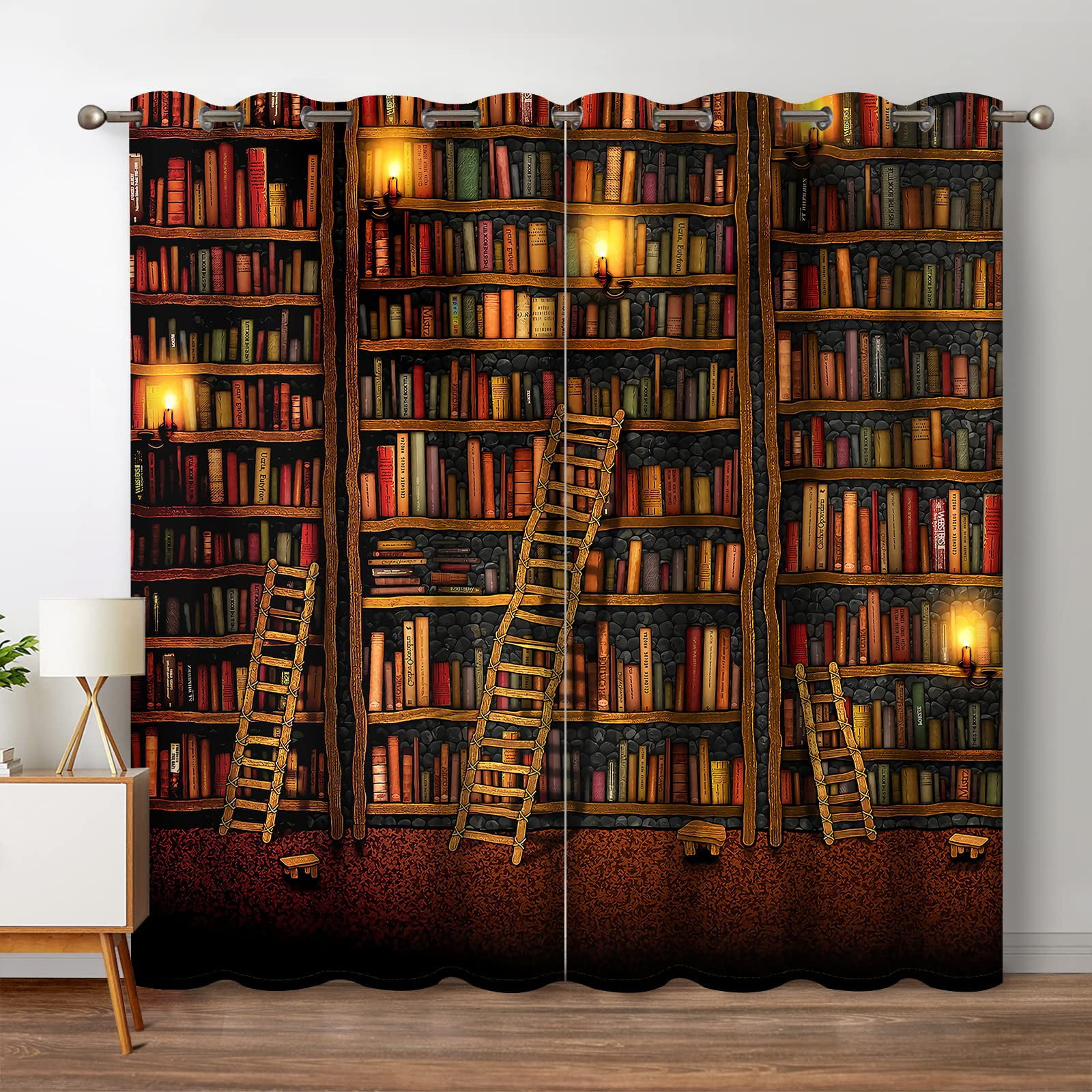 Jekeno Retro Bookshelf Blackout Curtains Vintage Library Books Bookcase ...
