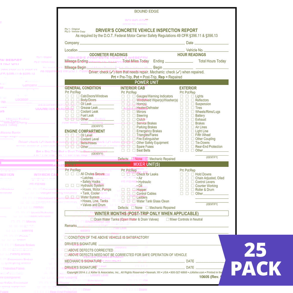 Driver's Concrete Vehicle Inspection Report 25-pk. - Book Format, 2-Ply ...