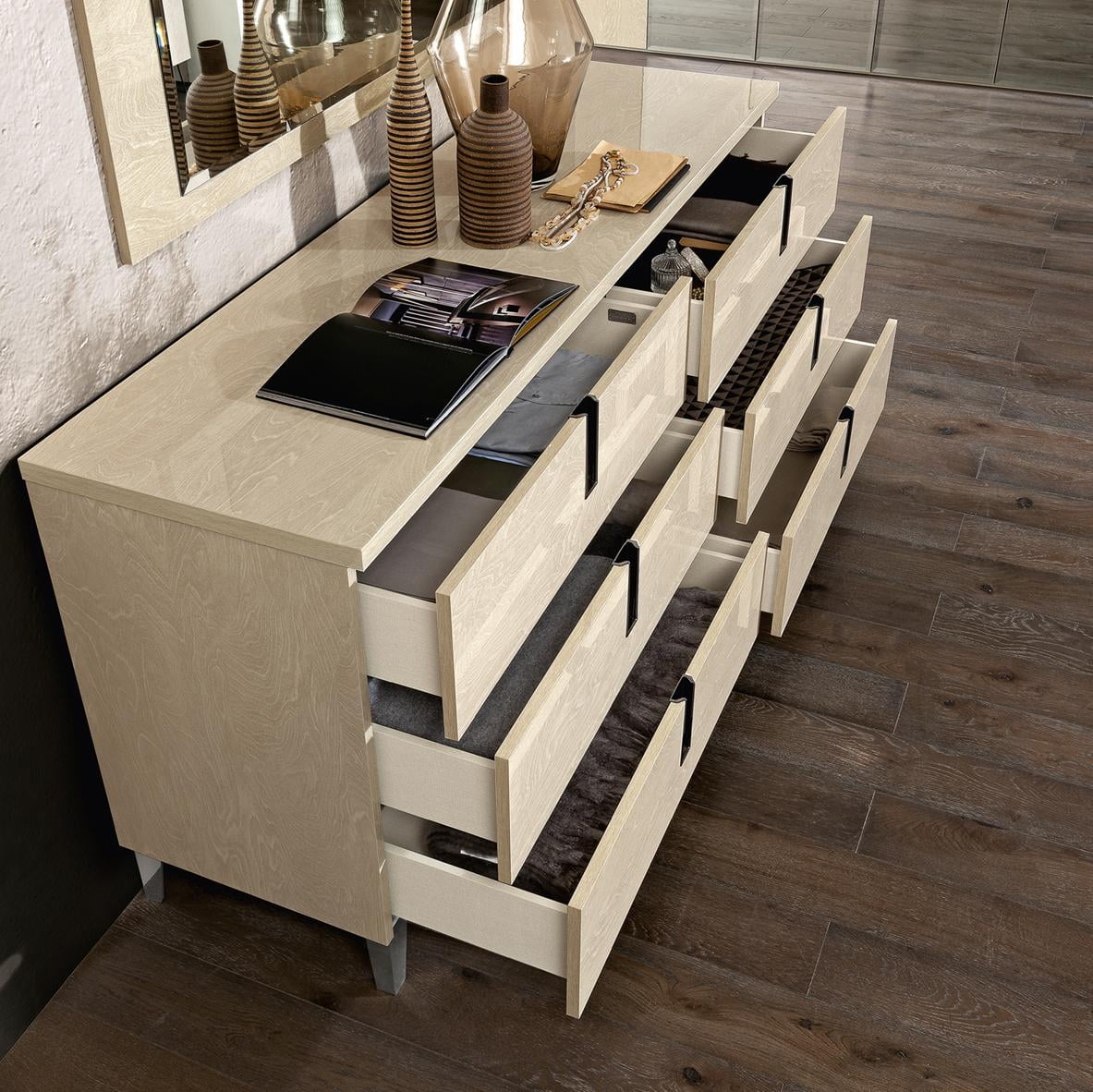 Glam Glossy Ivory Dresser & Chest Set 2 Ambra Rombi ESF Modern Made in ...