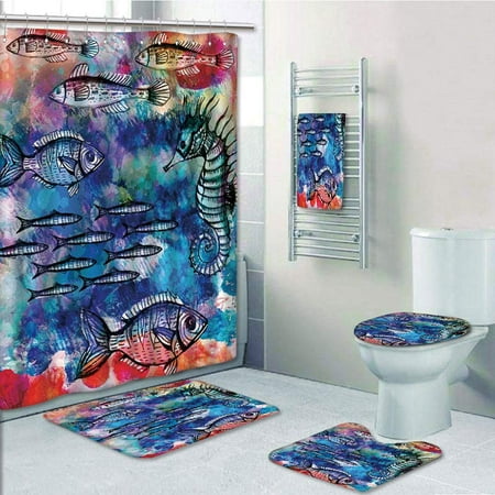 EREHome Sea Creatures Watercolor Painting Effect Batik 5 Piece Bathroom ...