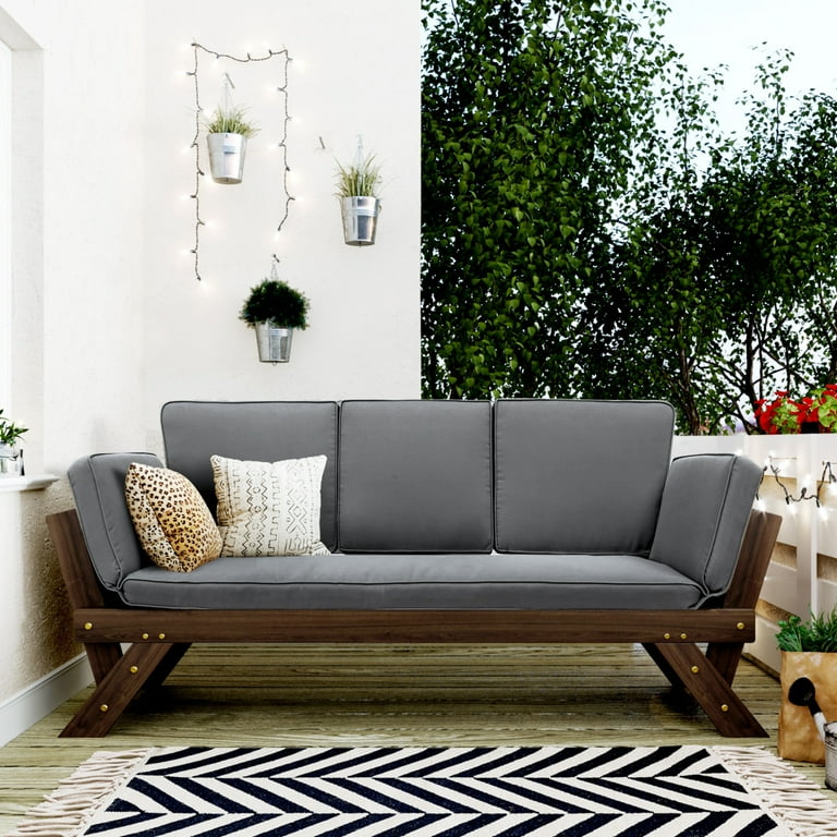 Outdoor Convertible Couch Wood Patio Daybed Couch w Adjustable Armrest Collapsible Chaise Lounge with Cushions for Small Places Sofa Furniture for