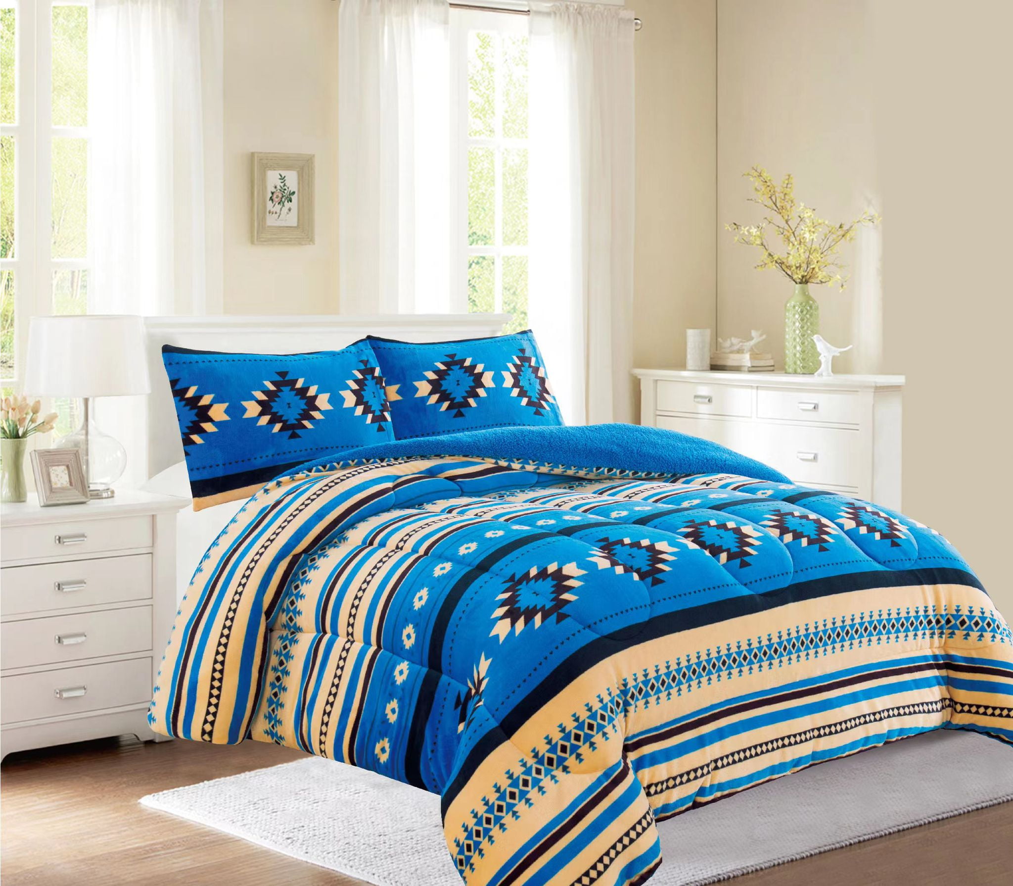 Southwest Aztec Sherpa Plush Fleece Blanket 3 Piece Set