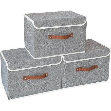 3 Pack Storage Boxes With Lids Collapsible Linen Fabric Storage Basket ...