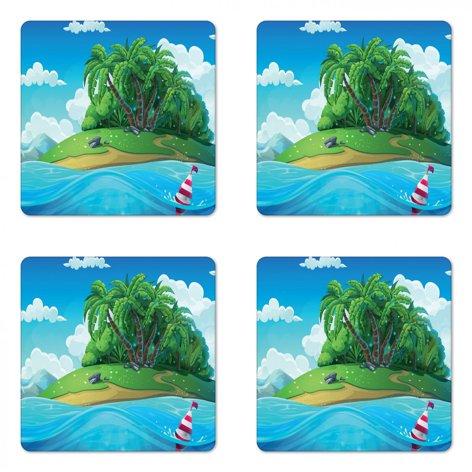 Tropical Coaster Set of 4, Exotic Island Theme Marine Landscape in ...