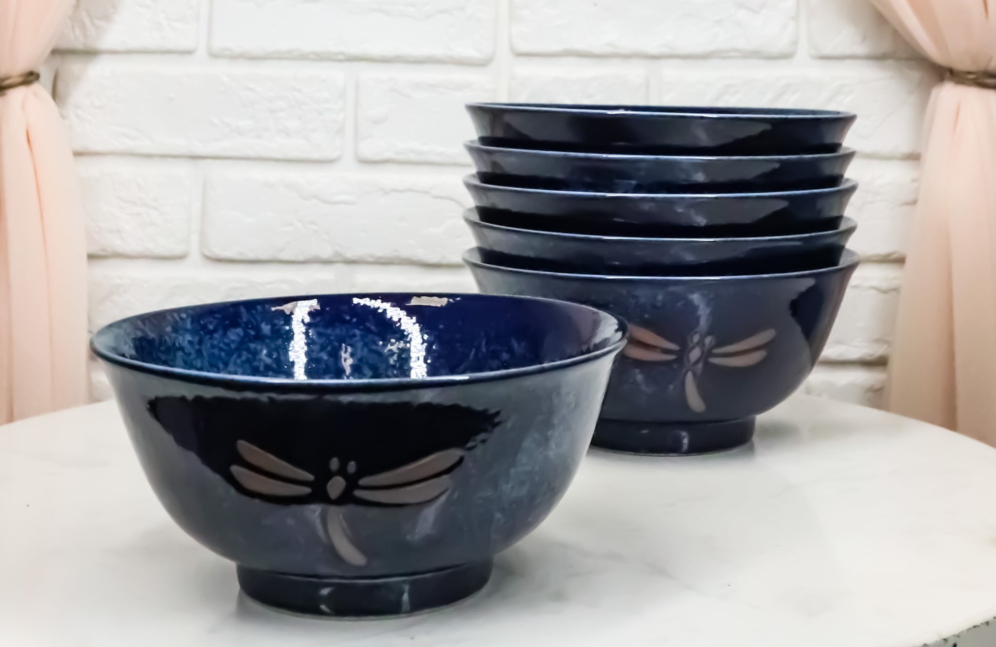 Ebros Japan Made Blue Tombo Dragonfly Ochawan Rice Soup Porcelain Bowls ...