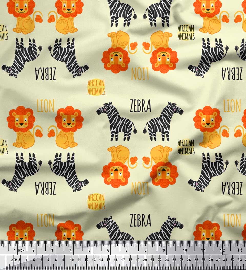 Soimoi Yellow Viscose Chiffon Fabric Text,Wild Animal & Lion Kids Print ...