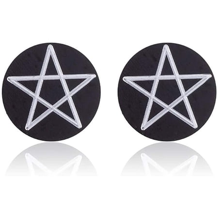 Black Round Pentagram Star Pentacle Religious Cross Stud Earrings Wicca ...