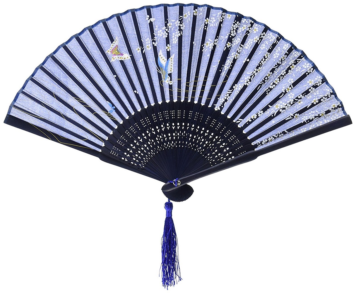 White Cherry Blossom and Butterfly Japanese Silk Fan with Tassel ...