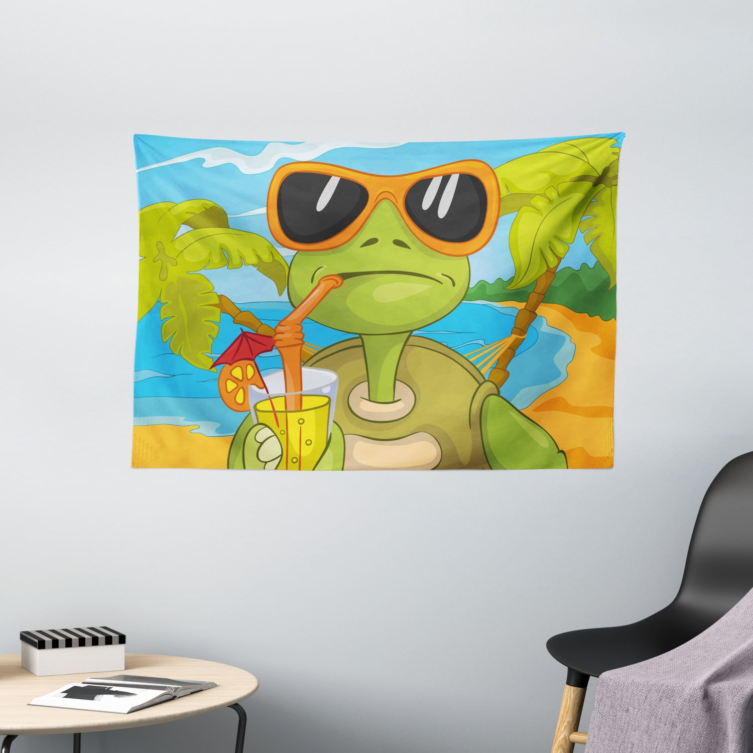 Turtle Tapestry, Cool Sea Turtle with Sunglasses Drinking Cocktail at ...