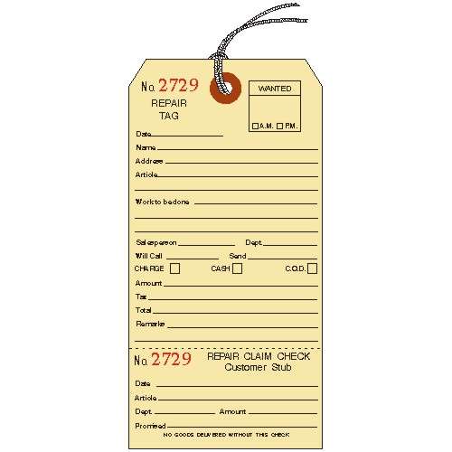 REPAIR Tags with Tear-Off Stub, Numbered, Strung - Pack of 25 - Walmart.com