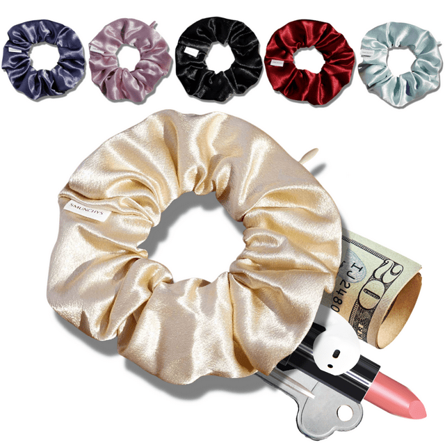 Smunchys Satin Hair Scrunchie with Hidden Zipper Pocket Storage ...