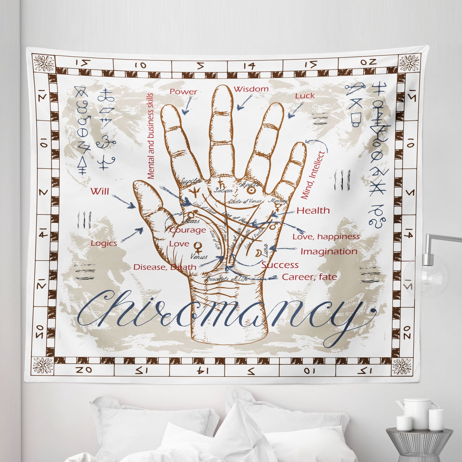 Beige Tapestry, Vintage Chiromancy Chart with an Human Hand Palm Mystic ...