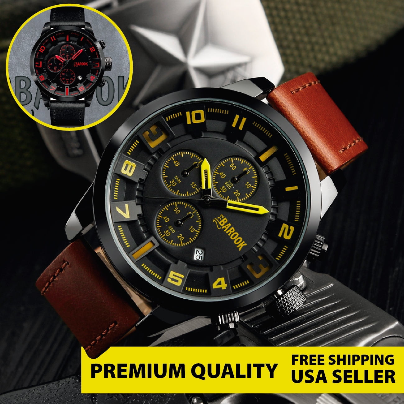 Barook Mens Watches Quartz Movement Chronograph Leather Strap Fashion ...