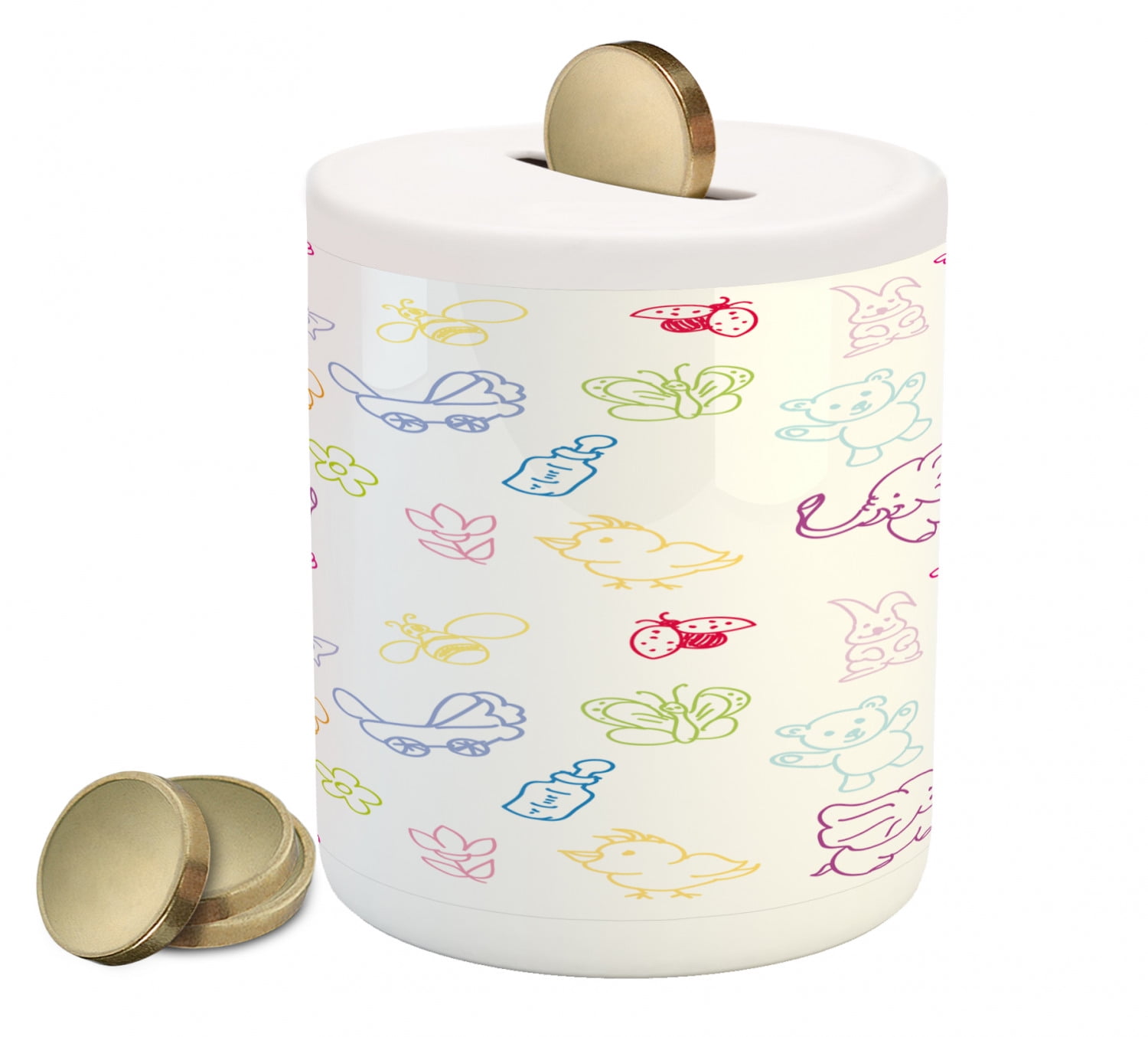 Cartoon Piggy Bank, Drawing Style Elephants Teddy Bears Flowers ...