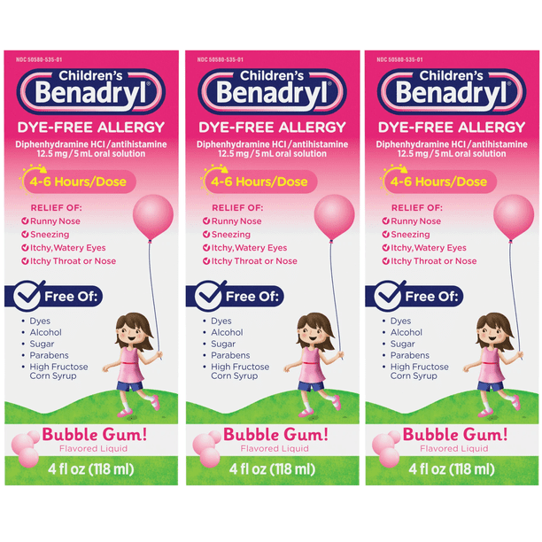 Children's Benadryl Dye-Free Allergy Liquid, Bubble Gum Relieves ...