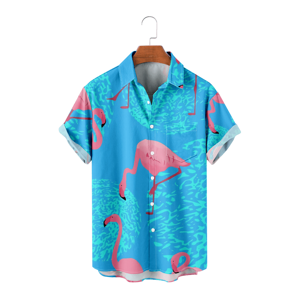 Mlfu Youth Adult Short Sleeve Aloha Beach Shirt Regular Fit Flamingo