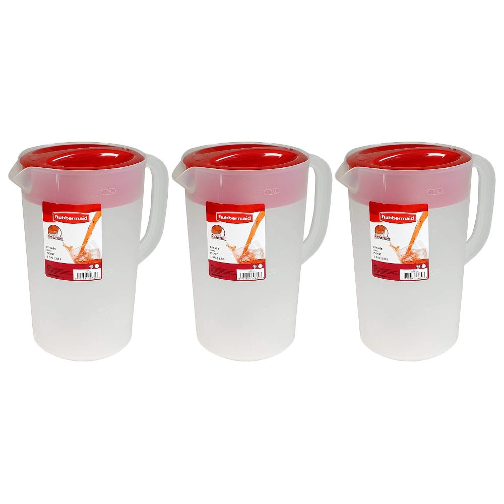Rubbermaid Pitcher 1 Gallon Plastic Clear Frost Base Red Lid, 3 Pack ...