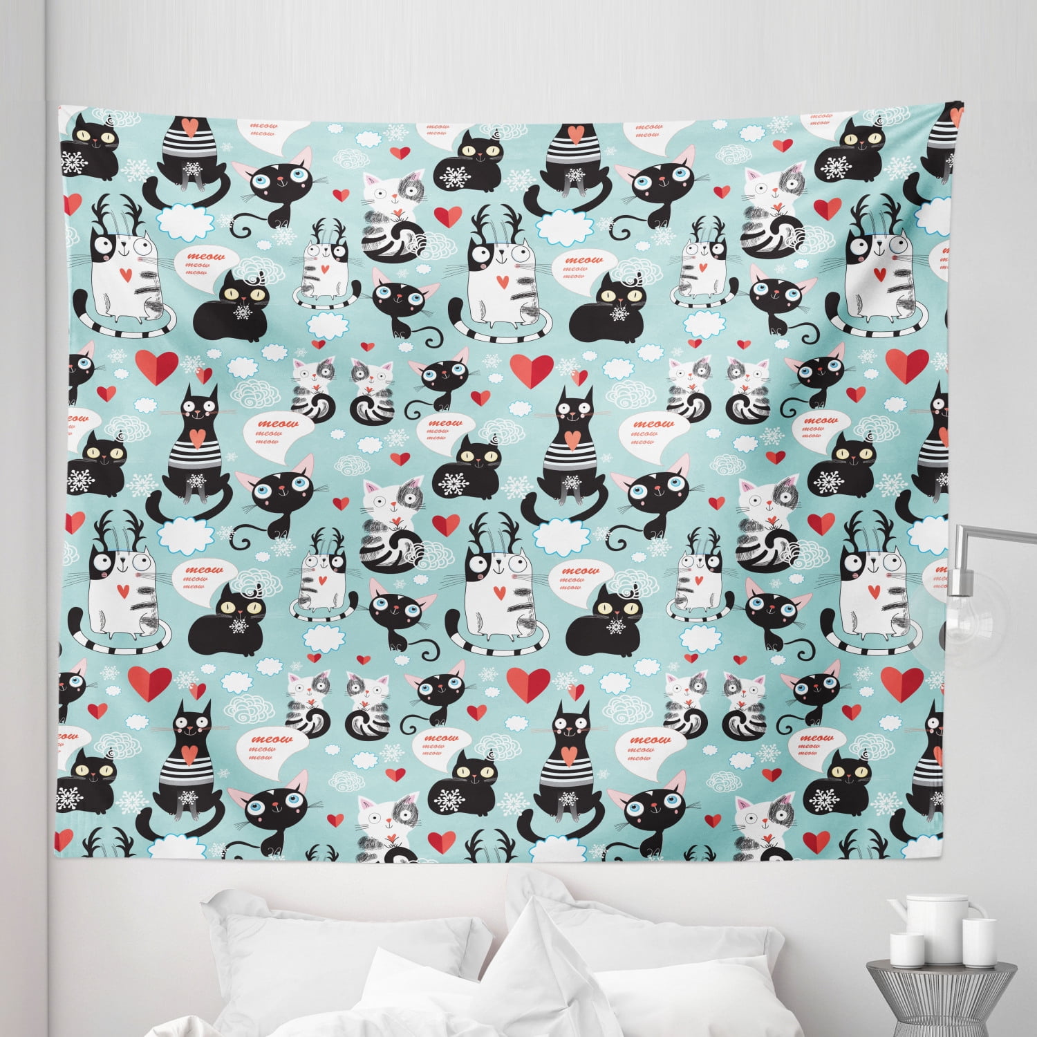 Cat Tapestry, Black and White Cats in Love Meow Print Among Hearts ...
