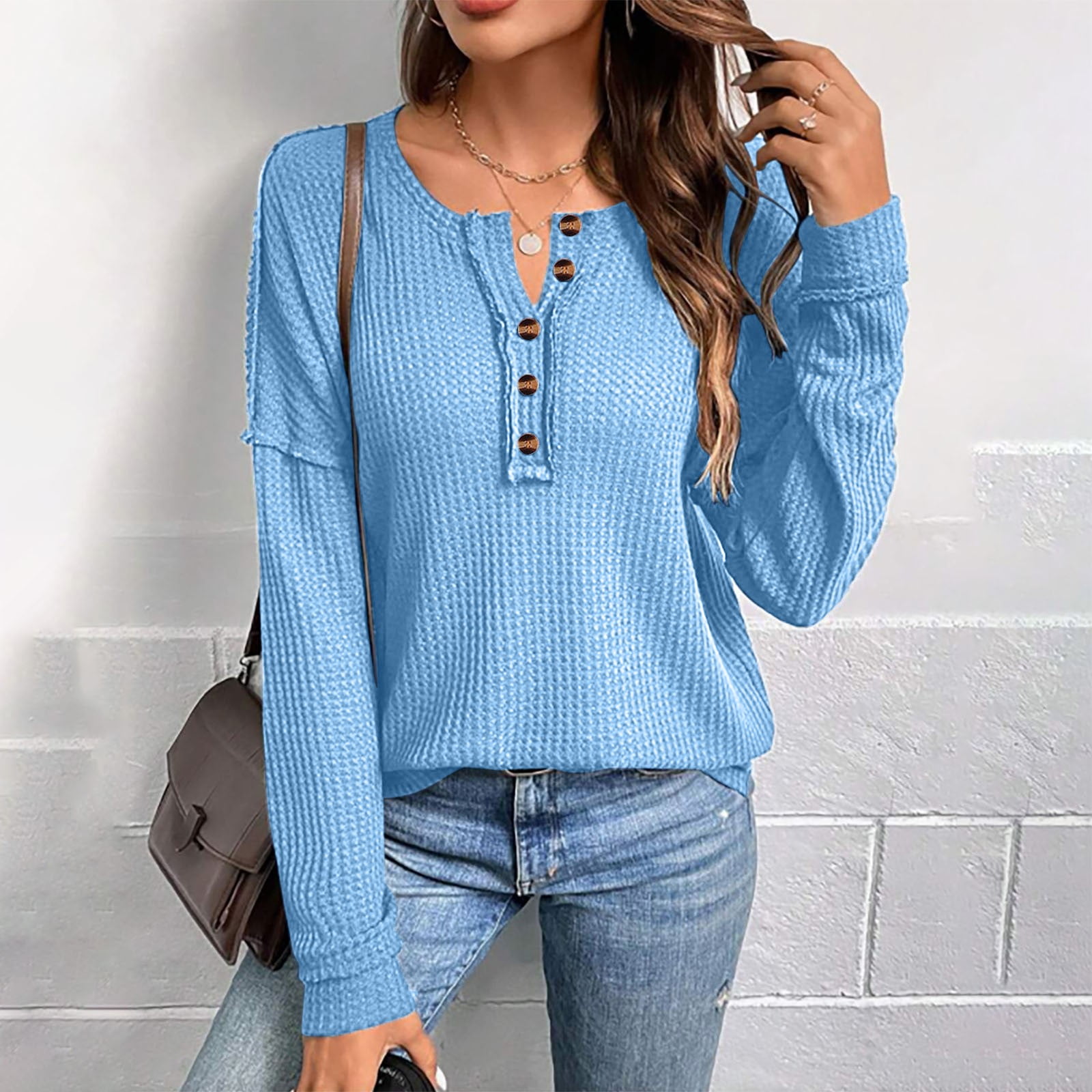 Nfurl Womens Waffle Knit Tops Loose Fit Button Up Shirts Business Casual Long Sleeve V Neck Blouses Ladies Fall Tops Blue M