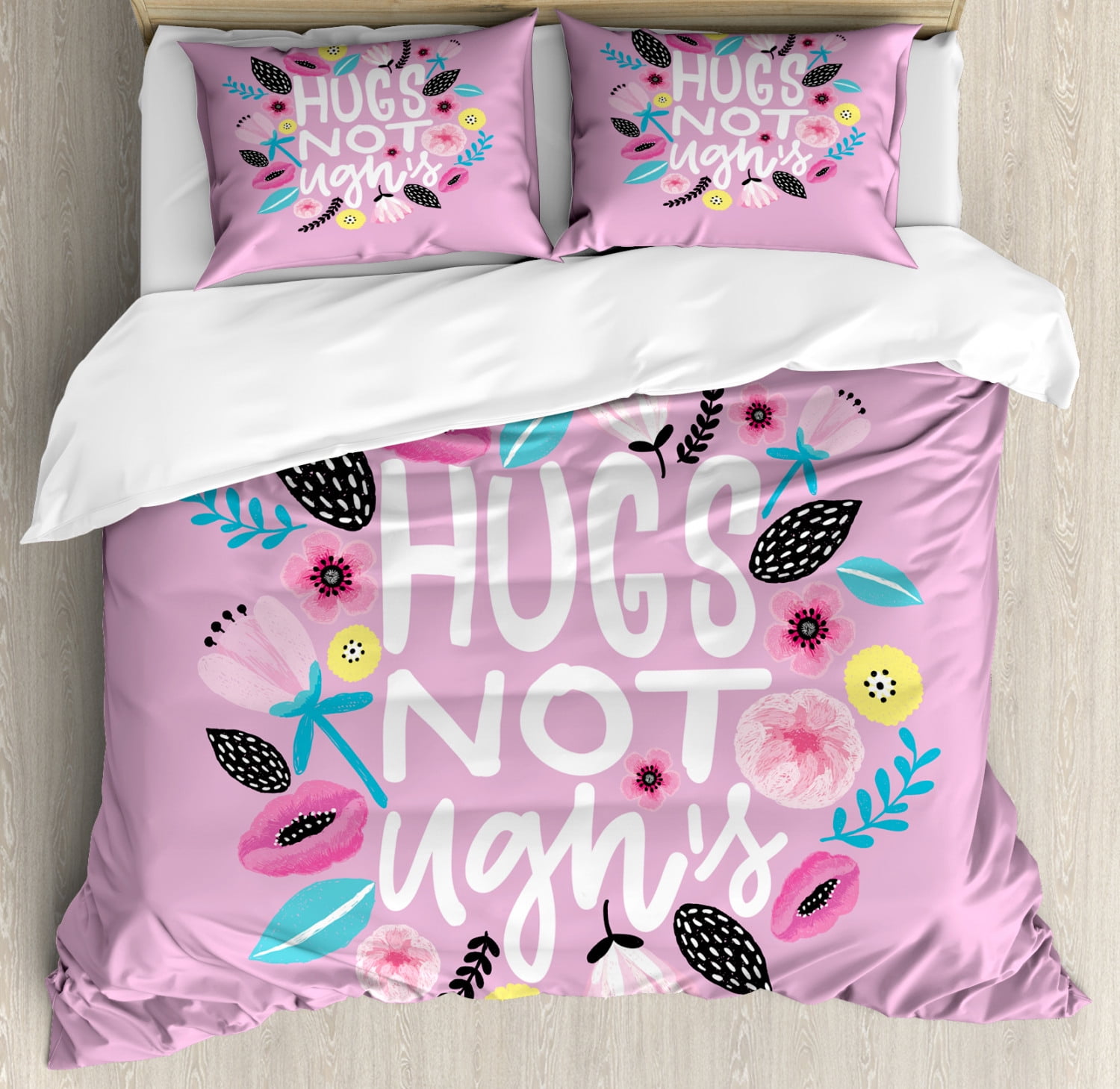 Hug Duvet Cover Set Queen Size, Calligraphic Graphic with Floral Items ...