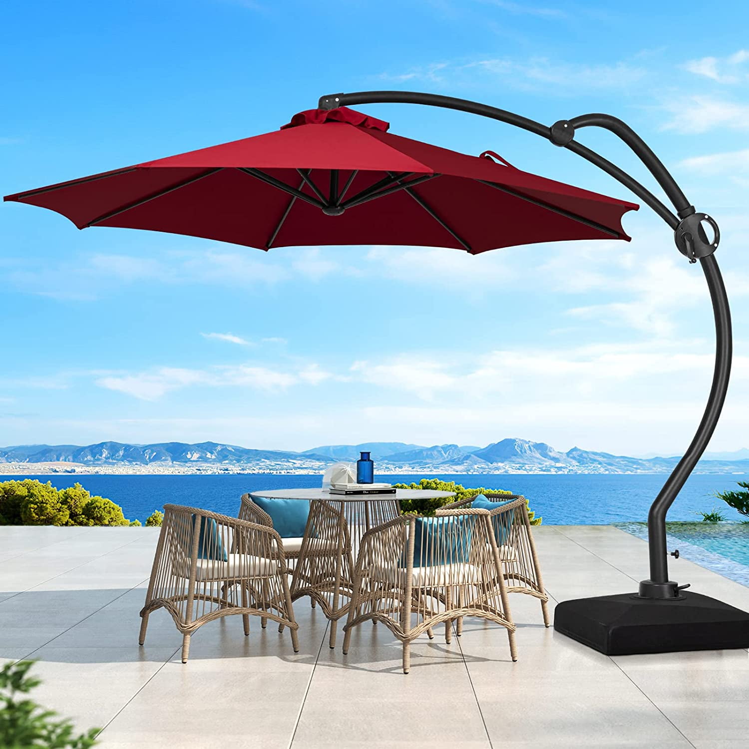 10FT Red Curvy Cantilever Patio Umbrella Large Outdoor Umbrellas Offset ...