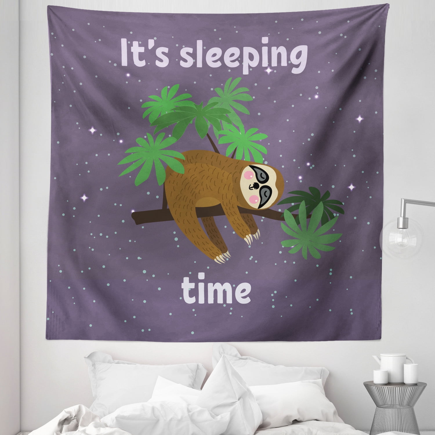 Sloth Tapestry, Cartoon Character Sleeping on Branch Jungle Animal in ...