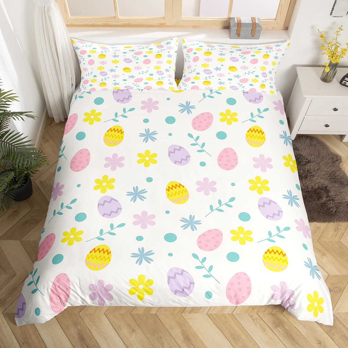 Easter Eggs Decor Kawaii Bedding Sets Twin,Pink Yellow Purple Easter ...