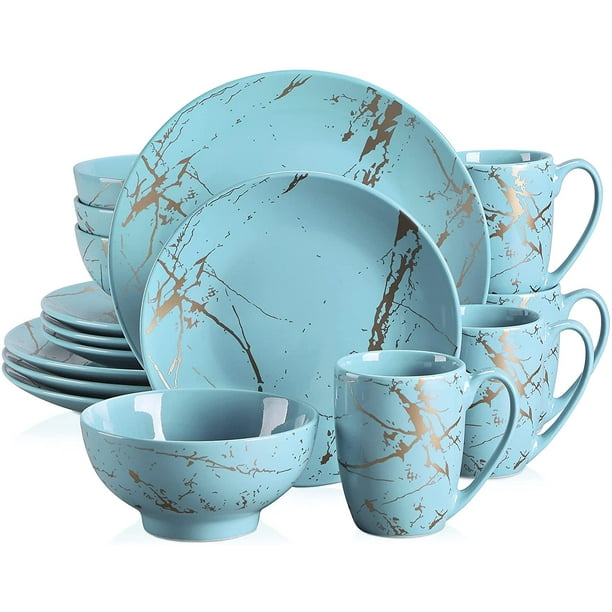 LOVECASA Dinnerware Sets, Porcelain Dinner Set for 4, 16-Piece Round ...