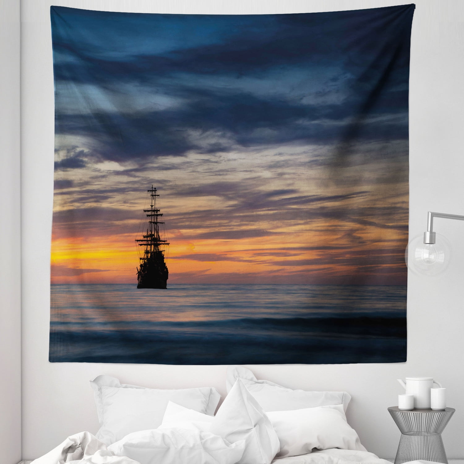 Pirate Ship Tapestry, Old Sailboat in Majestic Sunset Scenery Tropical ...