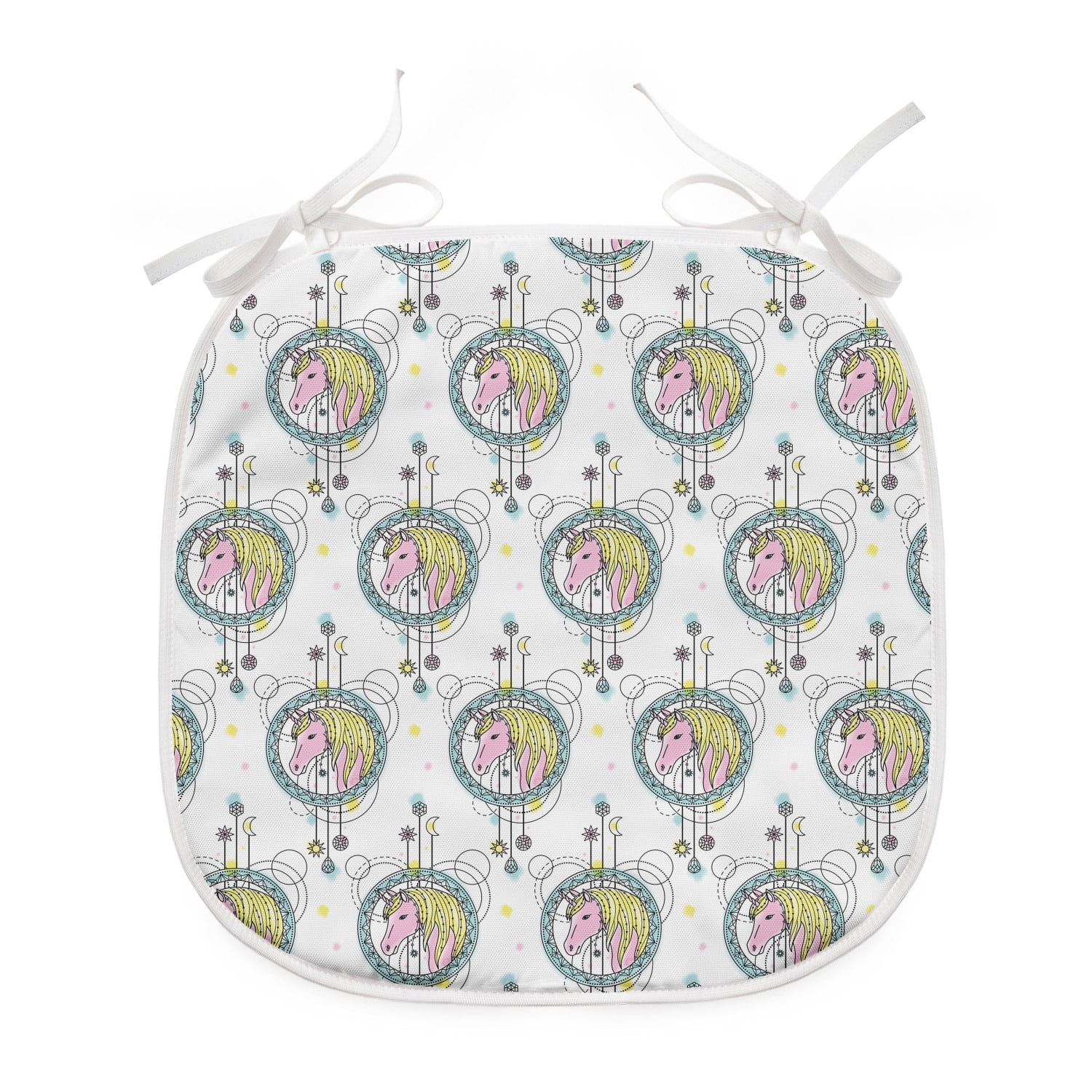 Tattoo Dining Chair Pad, Pink Unicorn Heads Circles Moon Stars and Dots ...