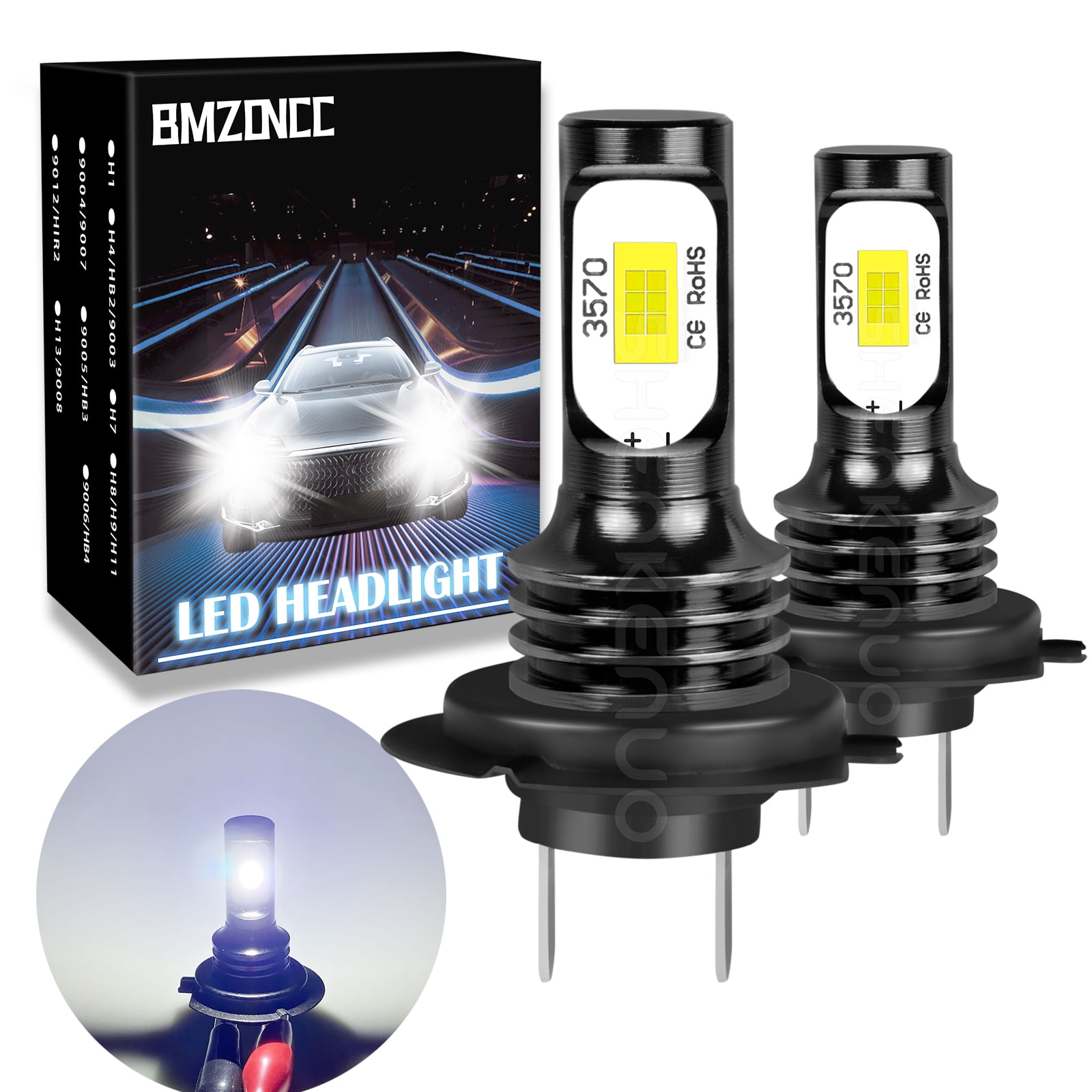 H7 LED Headlight Bulbs, 8000LM Per Set, 6500K Xenon White, Mini Size Wireless H7 Headlight Bulb ...