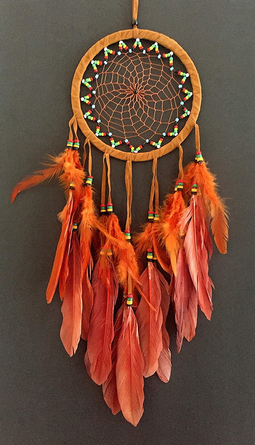 OMA Dream Catcher - Rasta Chakra Brown Suede Dreamcatcher with Feathers ...