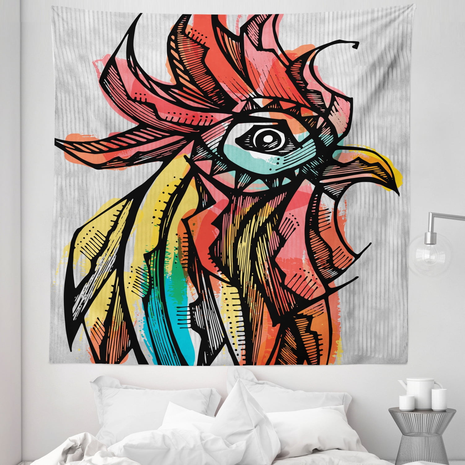 Rooster Tapestry, Watercolor Colorful Contemporary Art Style Cockerel ...