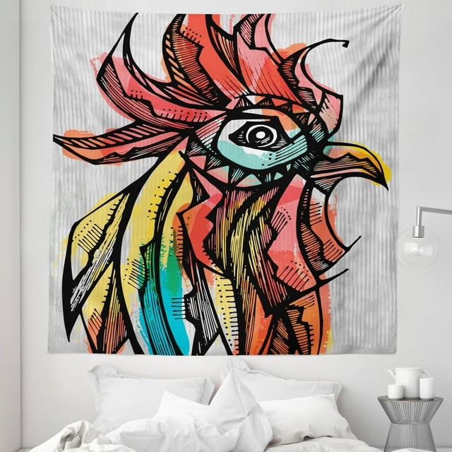 Rooster Tapestry, Watercolor Colorful Contemporary Art Style Cockerel ...