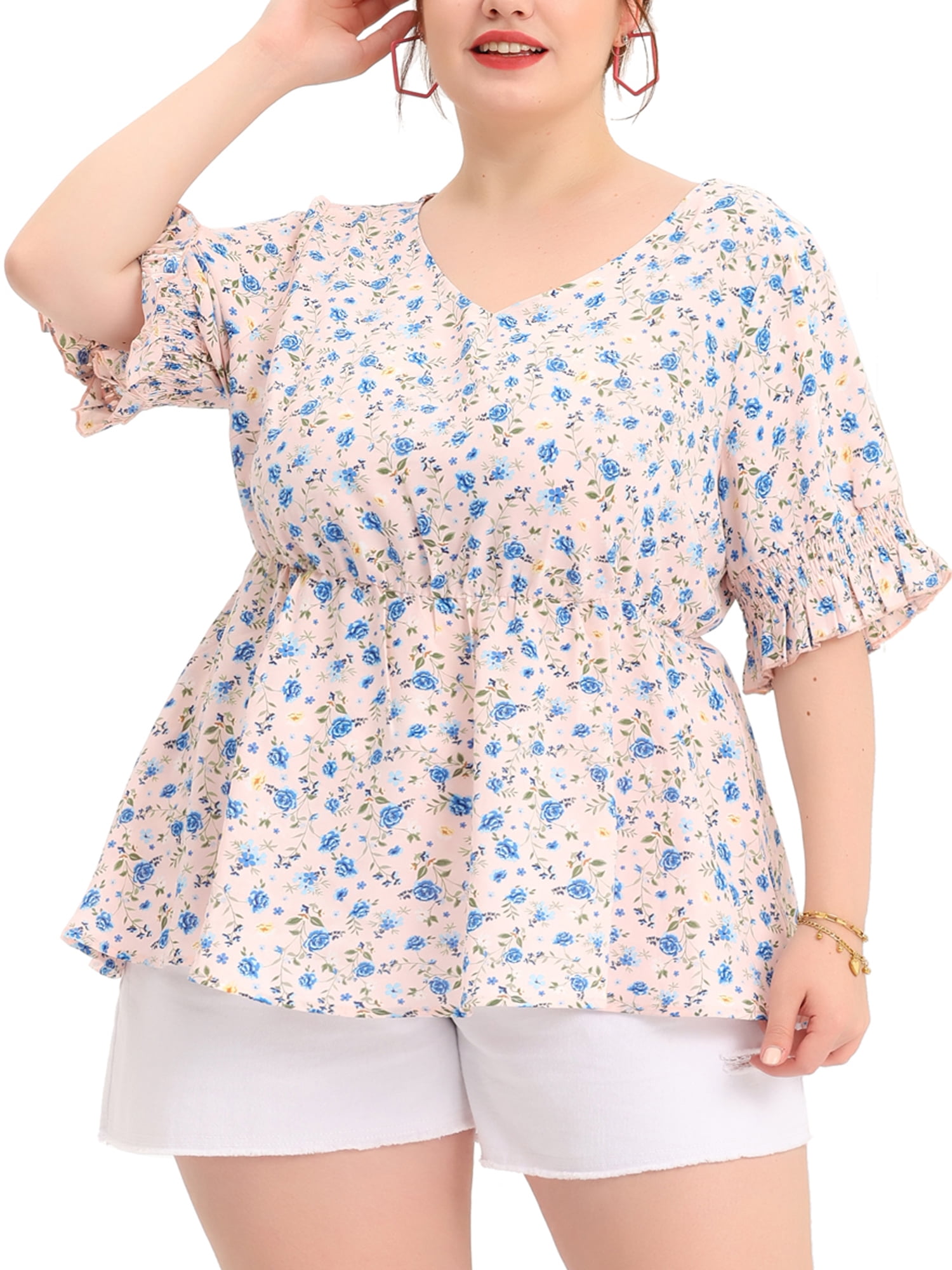 Unique Bargains Women's Plus Size Floral Ruffle Smock Sleeve V Neck Babydoll Top - Walmart.com
