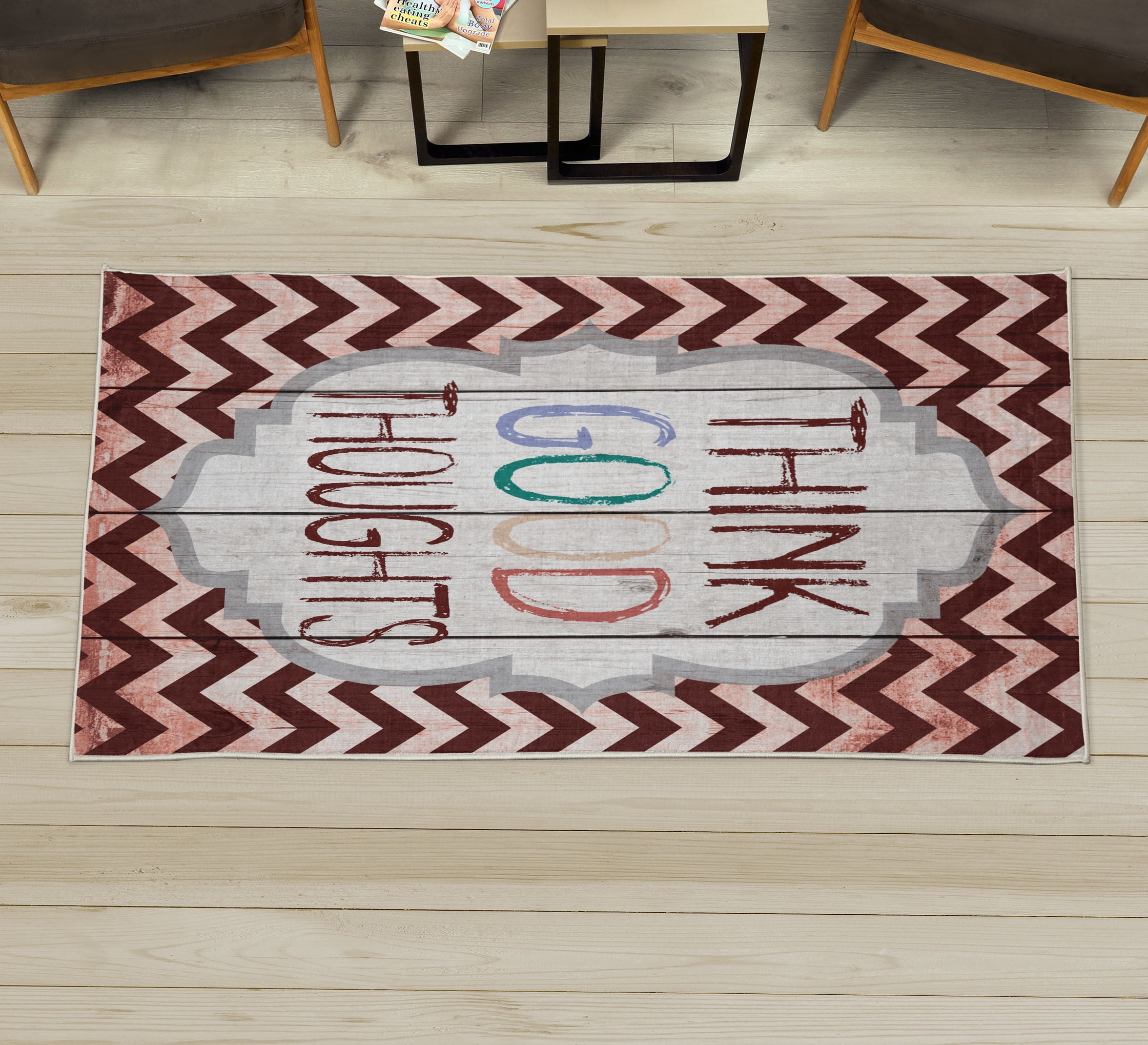 Saying Decorative Rug, Think Thoughts Message with Rainbow Colored ...
